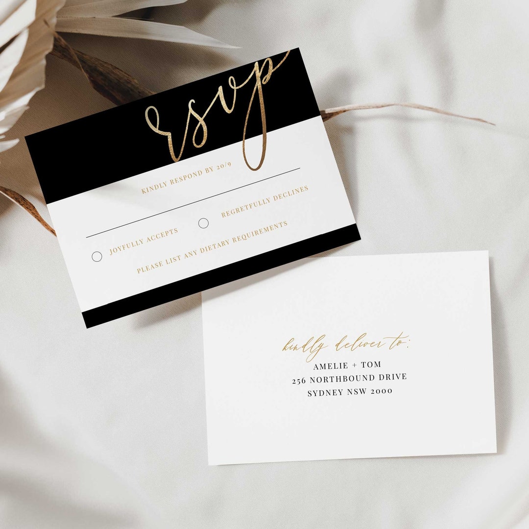 NOVA Gold Foil RSVP Card Template, Black and Gold Rsvp Cards, Response Cards, Elegant Rsvps ...
