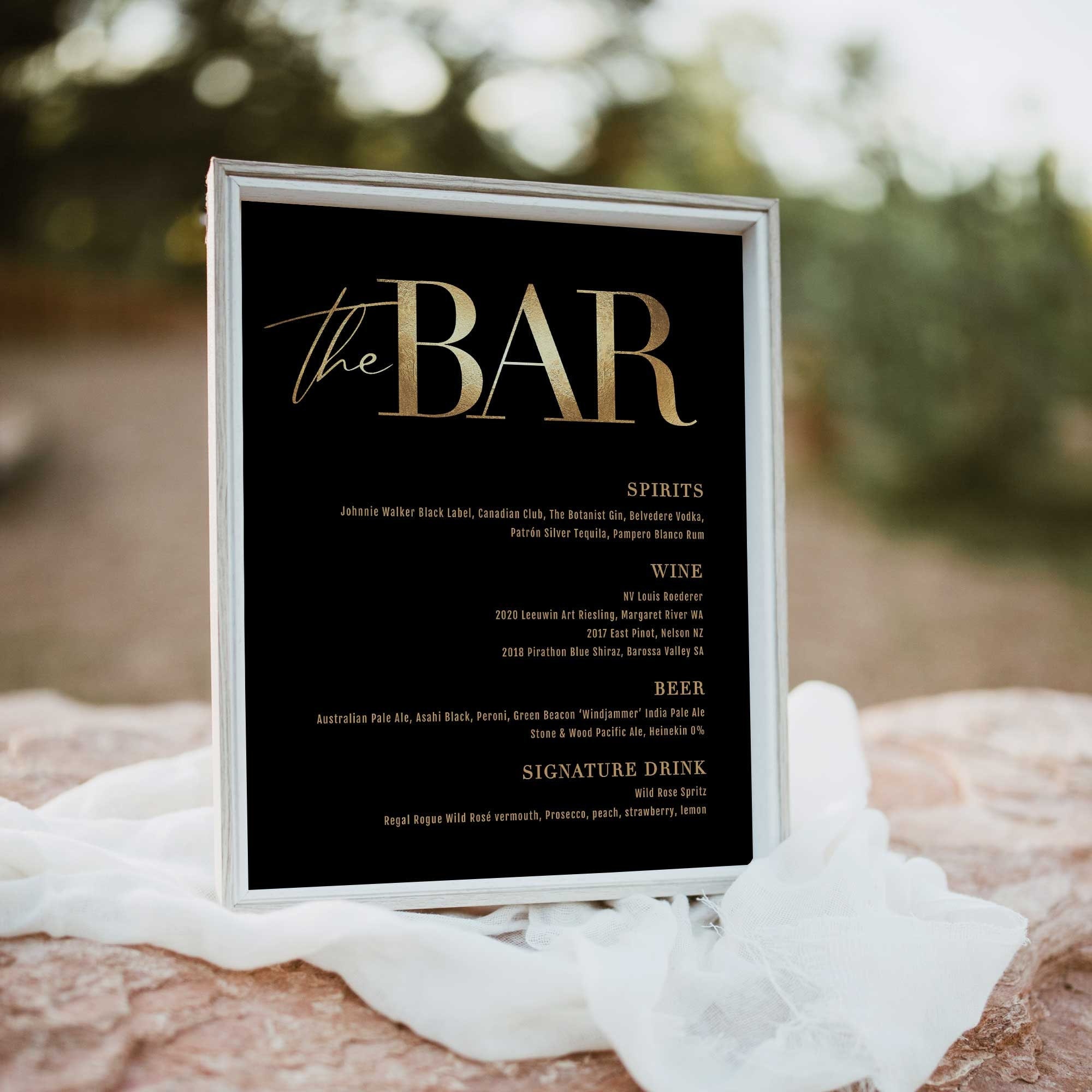 ZARA Black and Gold Bar Sign Elegant Bar Menu 8x10 Wedding - Etsy