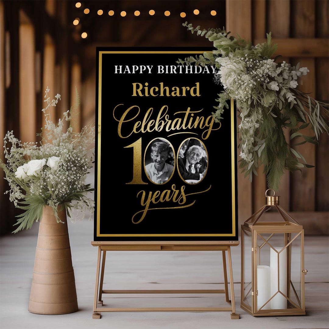 100 Years Loved Sign, 100th Birthday Welcome Sign, Black and Gold 100th ...