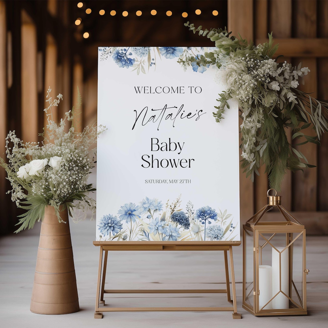 Baby in Bloom Welcome Sign, Blue Floral Baby Shower Welcome Sign ...