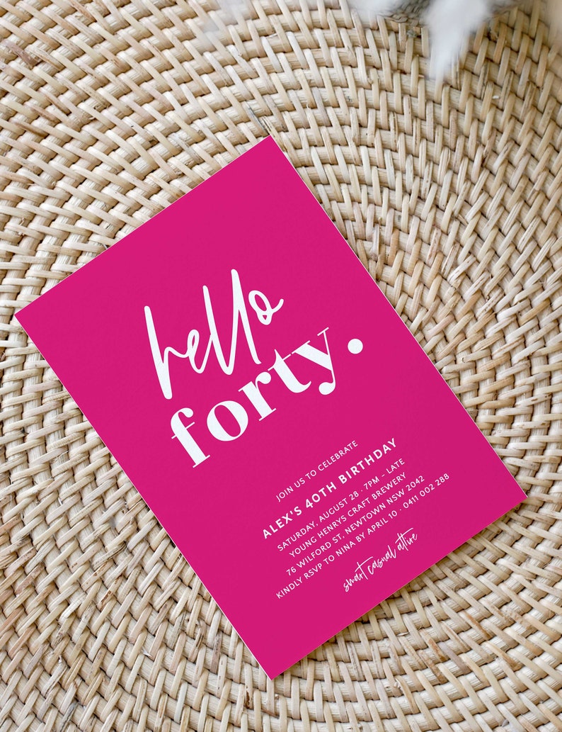 Hot Pink 40th Invitation Hello Forty Minimal 40th Invitation - Etsy ...