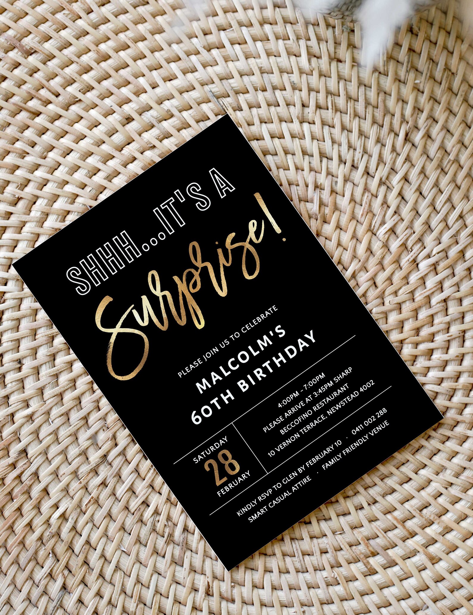 Surprise 60th Birthday Invitation Template, Black and Gold, Editable ...