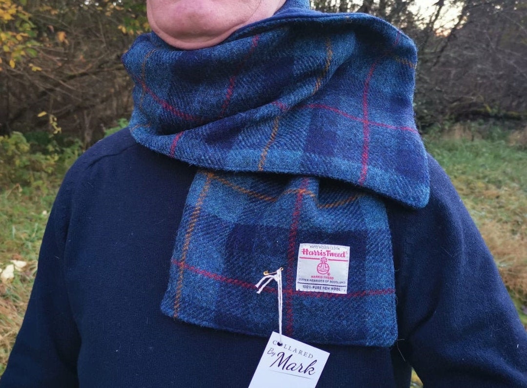 HARRIS TWEED Navy Blue Check Fleece Lined Scarf - Etsy