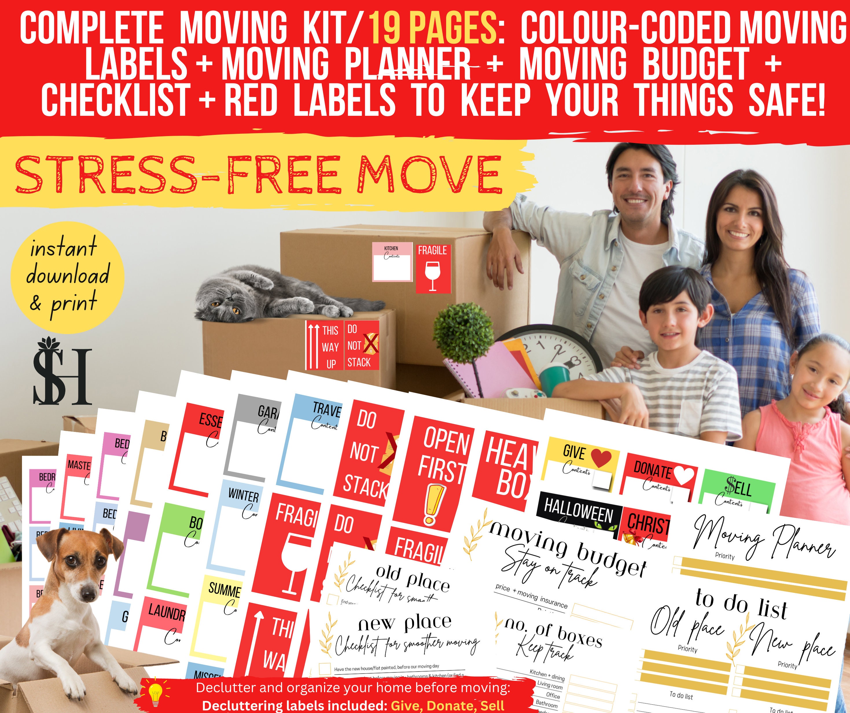 Printable Moving Box Labels Kit /color-coded Home Relocation Stickers ...