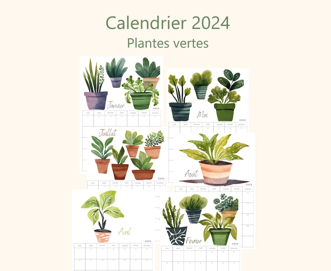 Green Plants Calendar 2024 Printable Watercolor, French, Printable PDF ...