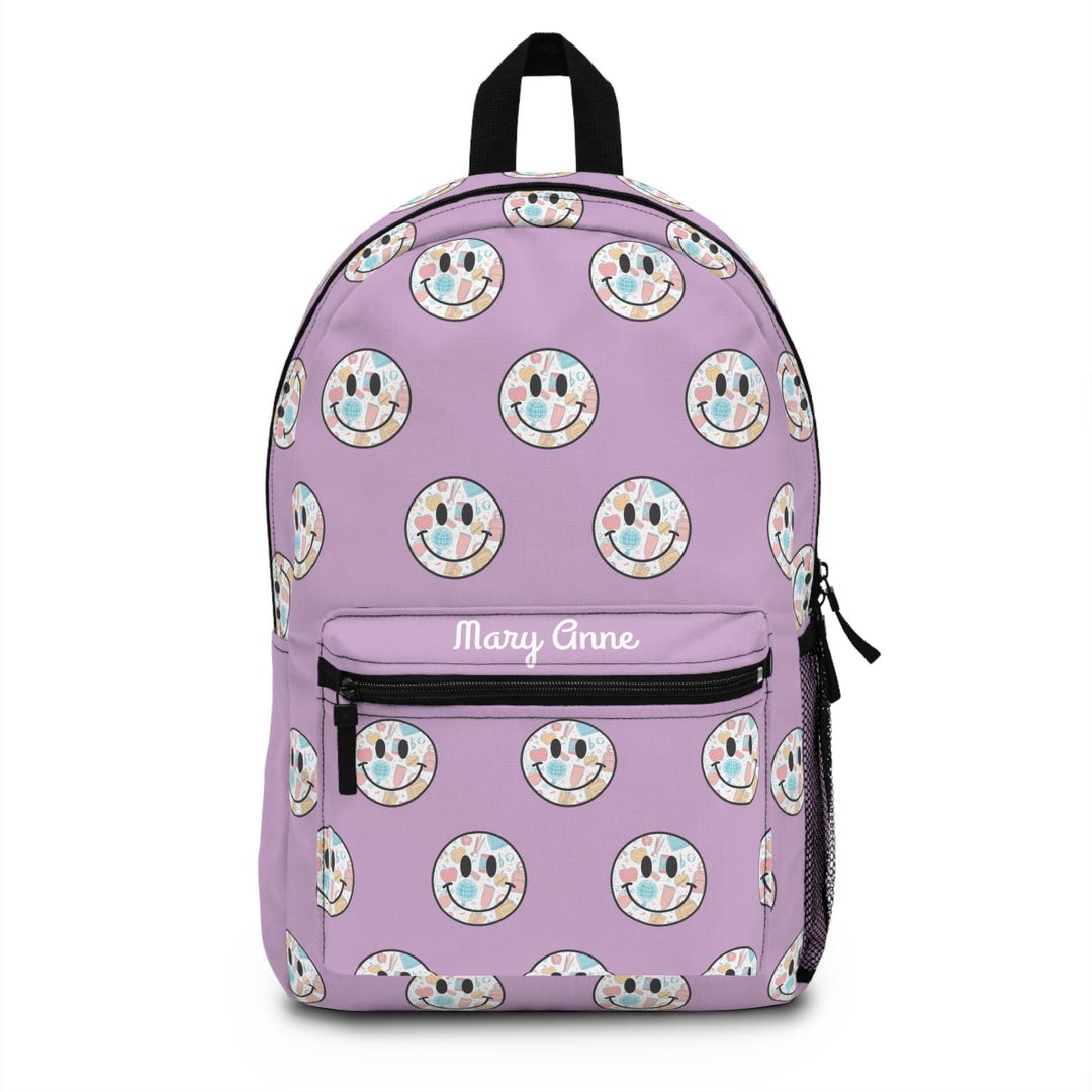 Custom Smiley Backpack Back to School Essentials Retro Purple Pink Blue ...