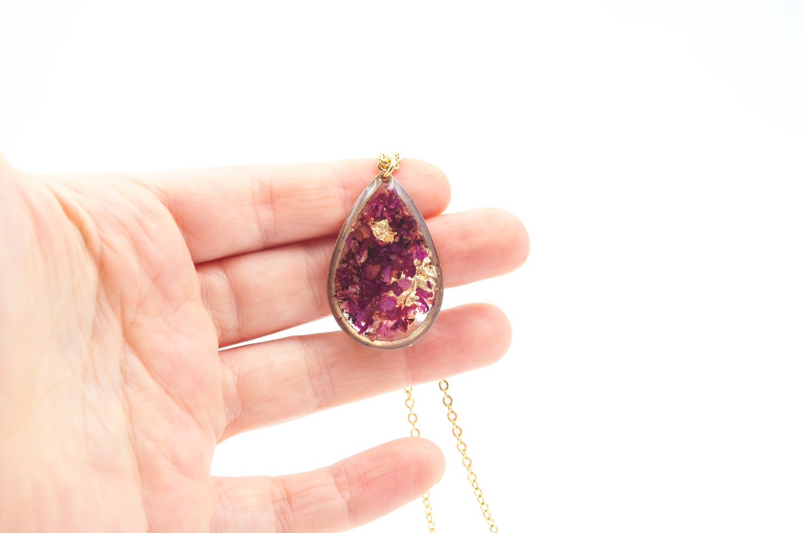 Tear Drop Charm Necklace With Resin Red Roses and Gold Leaves | Etsy