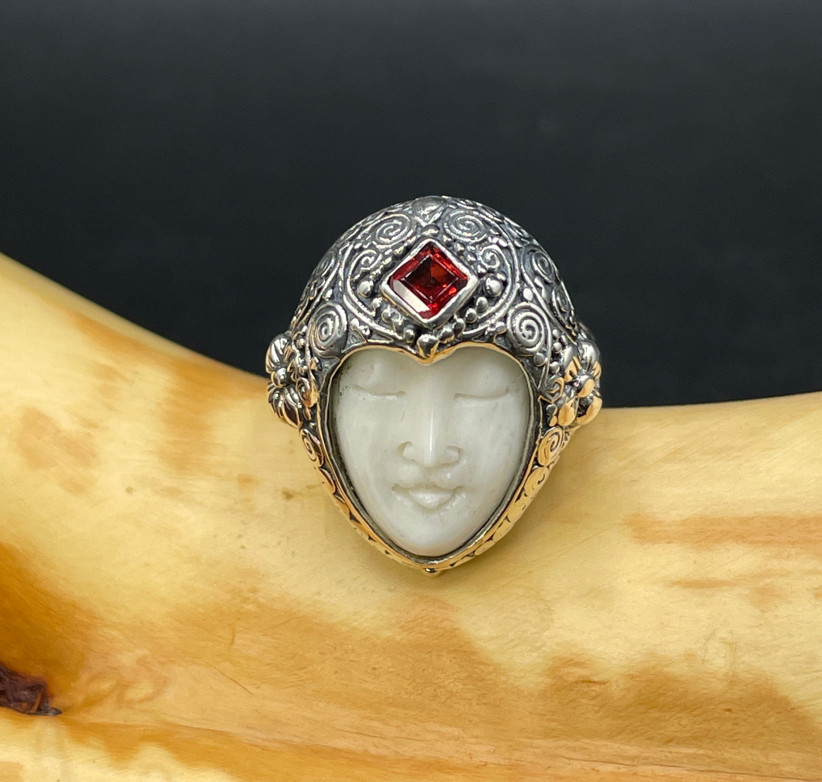 Red Garnet Ring Carved Bone Face Princess Cut Garnet | Etsy
