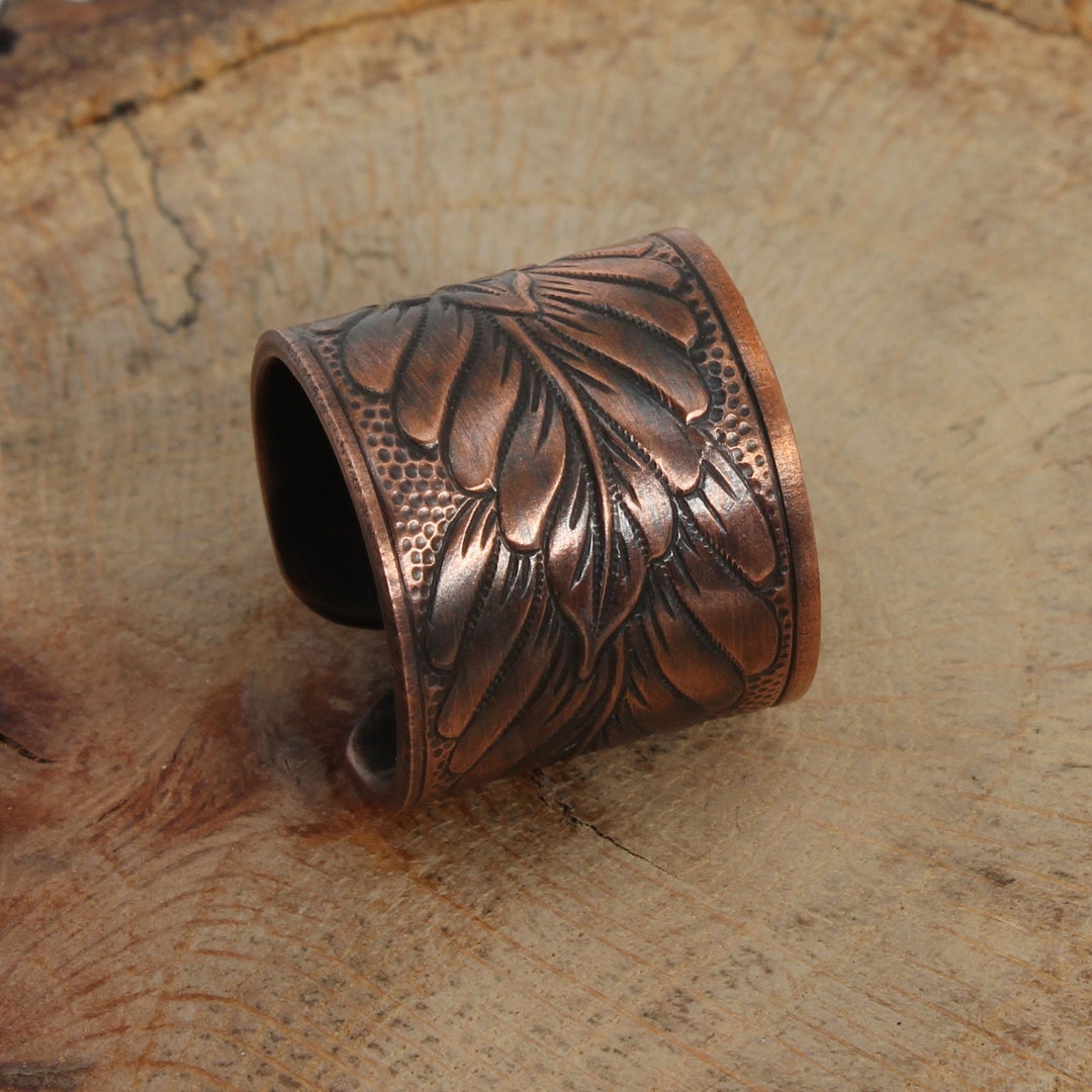 Wide Copper Ring, Embossed Antique Leaf Pattern, Thick Band, Adjustable ...
