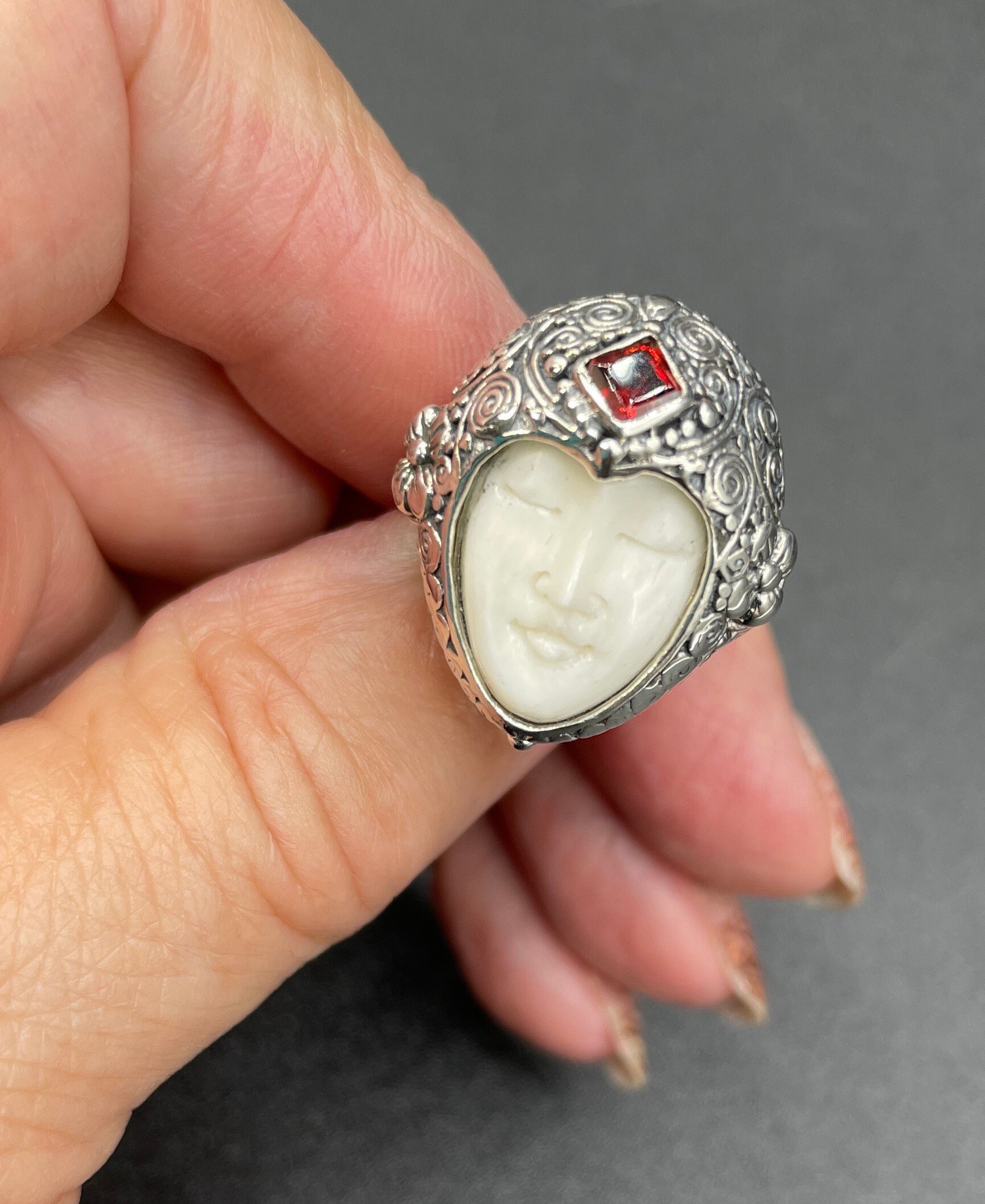 Red Garnet Ring Carved Bone Face Princess Cut Garnet | Etsy