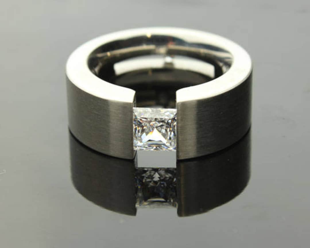 Mens Ring Tension Set Square, 1 Carat Princess Cut Gemstone Stainless ...