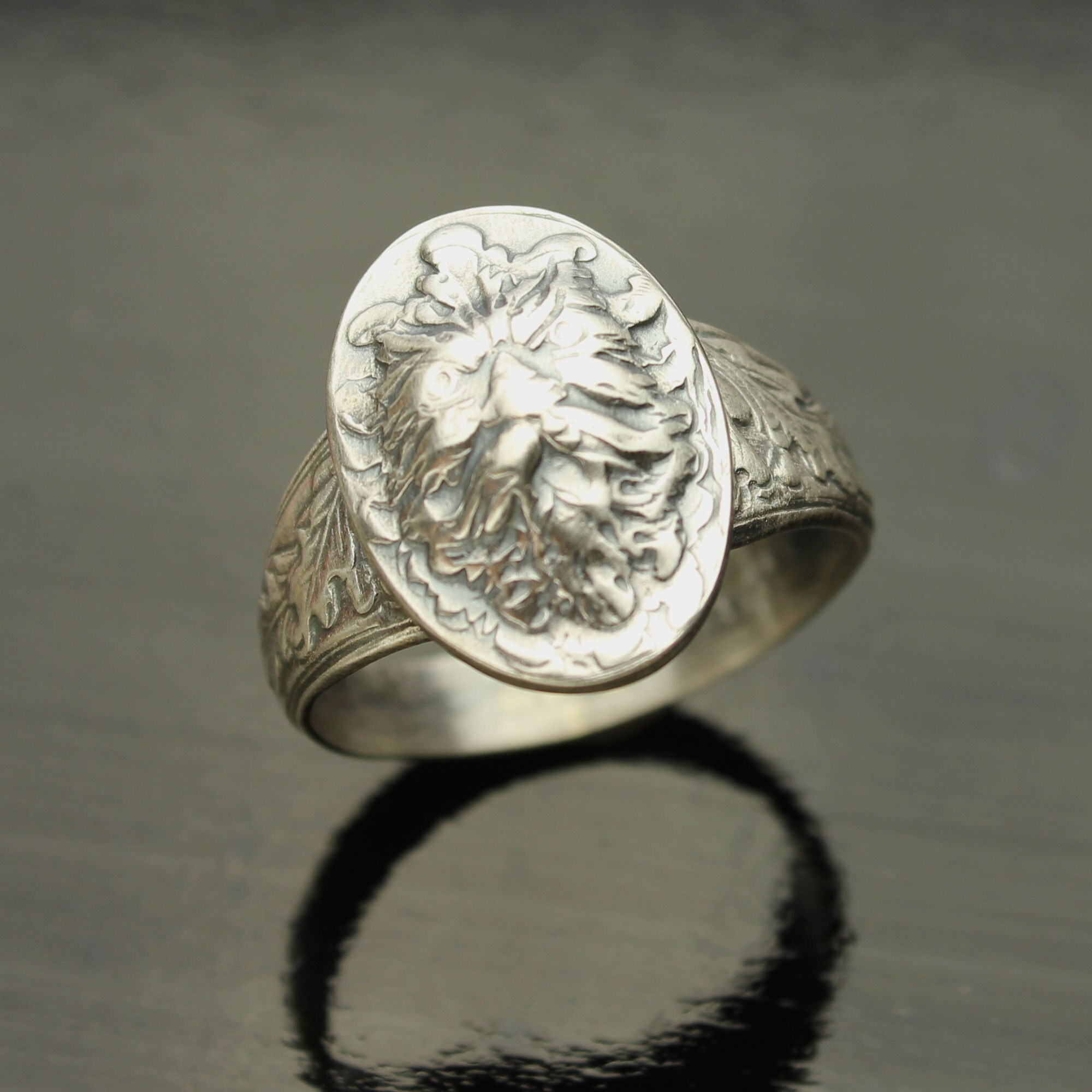 Greenman Silver Ring Sterling Silver Green Man Oak Leaf - Etsy