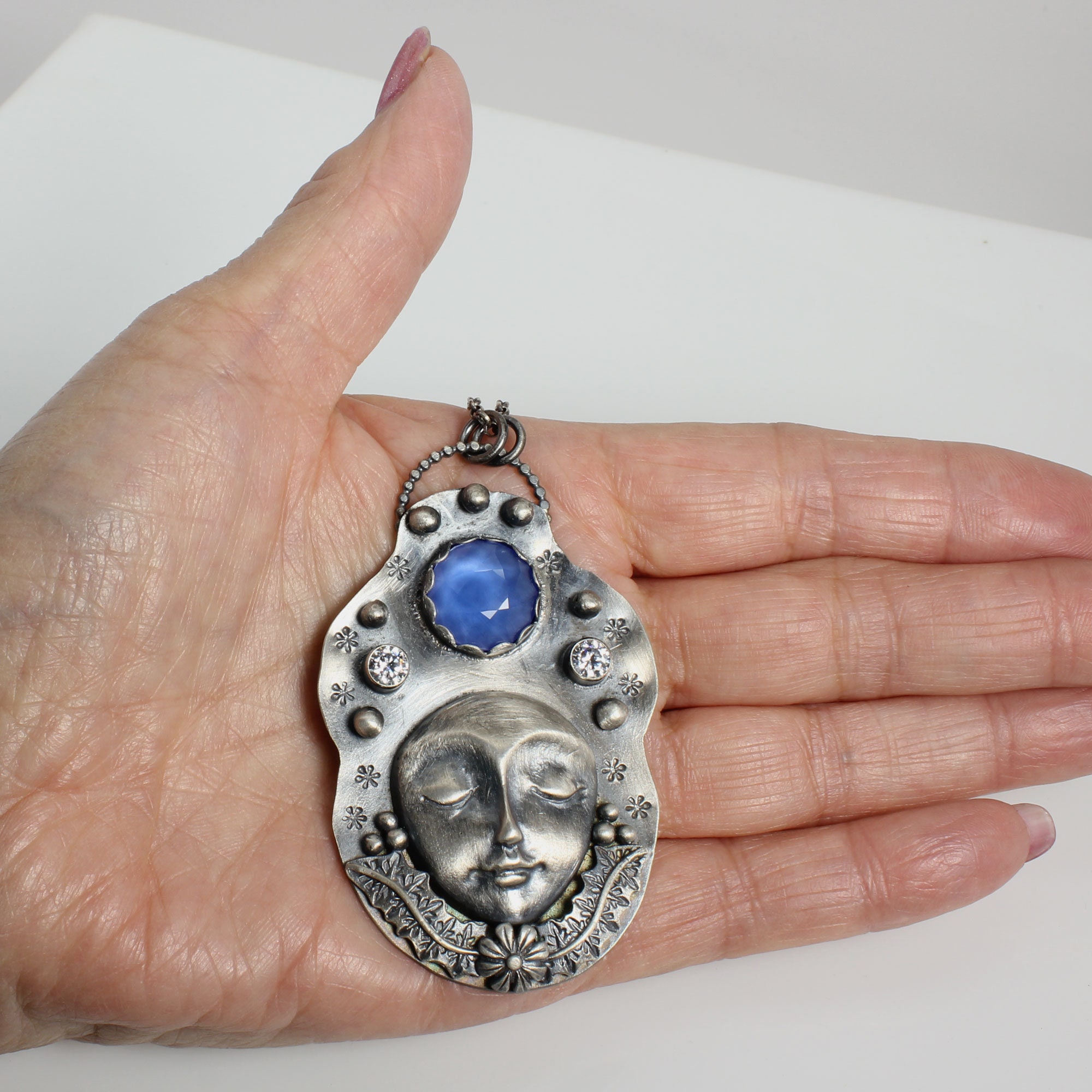 Silver Moon Face Necklace, Sterling Silver Celestial Jewelry, Handmade ...