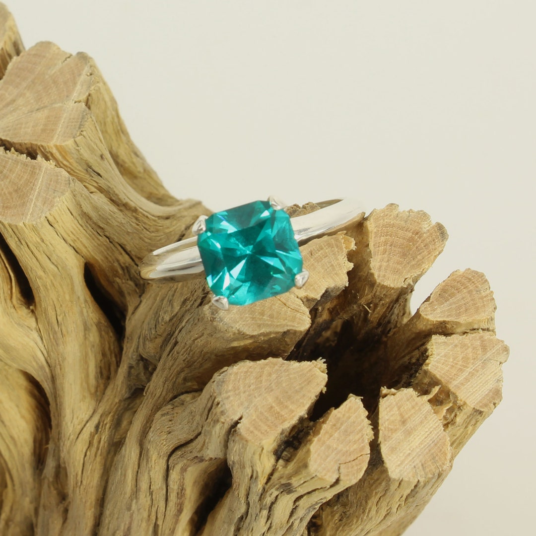 Paraiba YAG Ring, Custom Faceted Cushion Shape Gemstone, Teal Lab ...