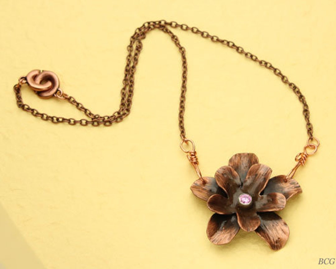 Copper Flower Necklace, Pink Gemstone, Hand Forged, Custom Made Copper ...