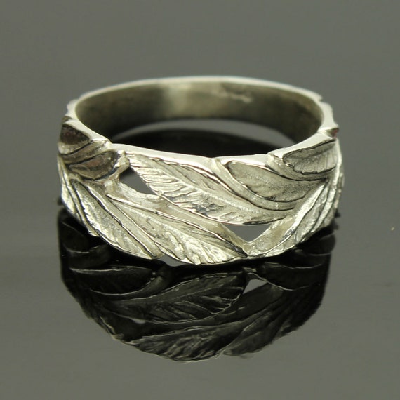 Leaf Ring Sterling Silver Leaves Pattern in Thick Band | Etsy