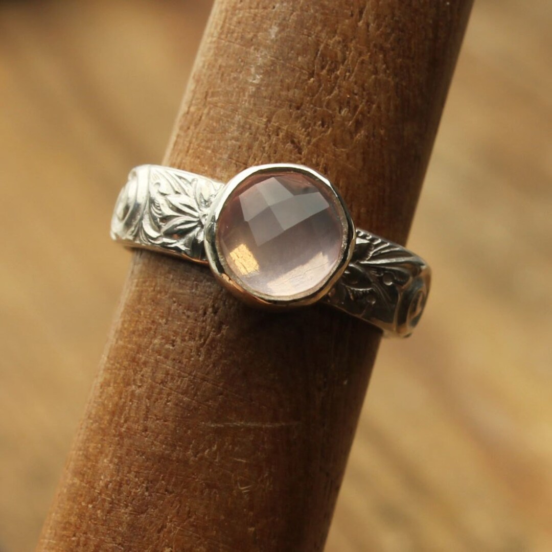 Rose Silver Ring, Rose Cut Pink Quartz Gemstone Rose Quartz Sterling ...