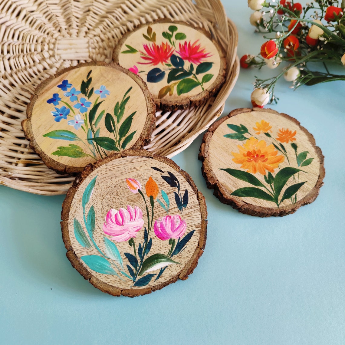 Set of 4 Floral Handpainted Bark Coasters Round Wooden Coaster ...