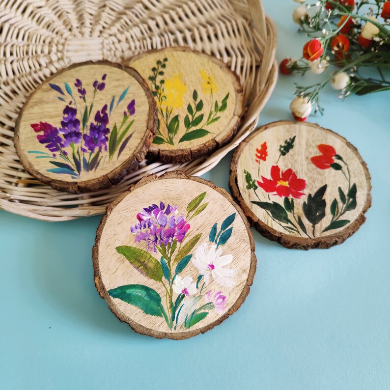 Set of 4 Floral Handpainted Bark Coasters Round Wooden Coaster ...