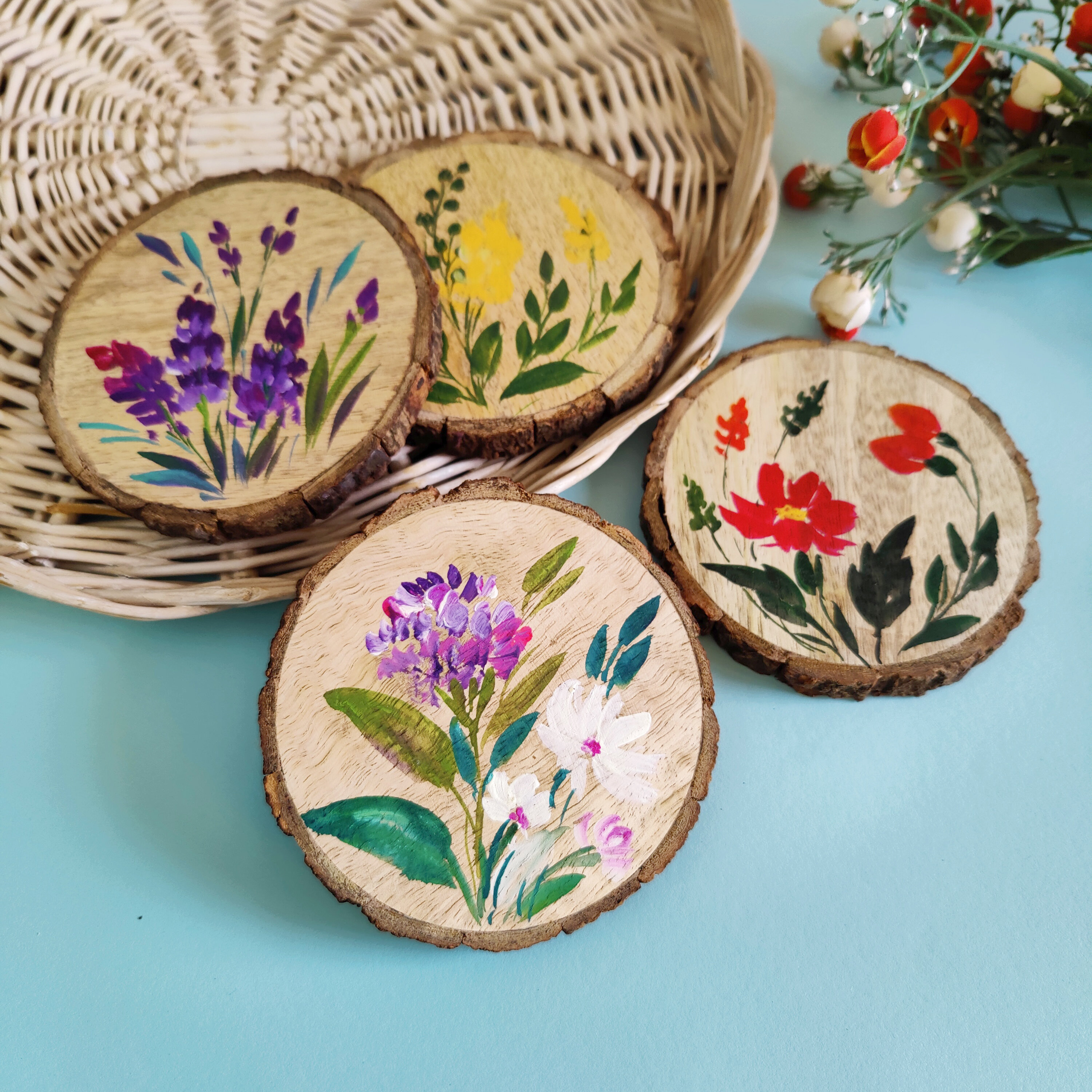 Set of 4 Floral Handpainted Bark Coasters Round Wooden Coaster ...