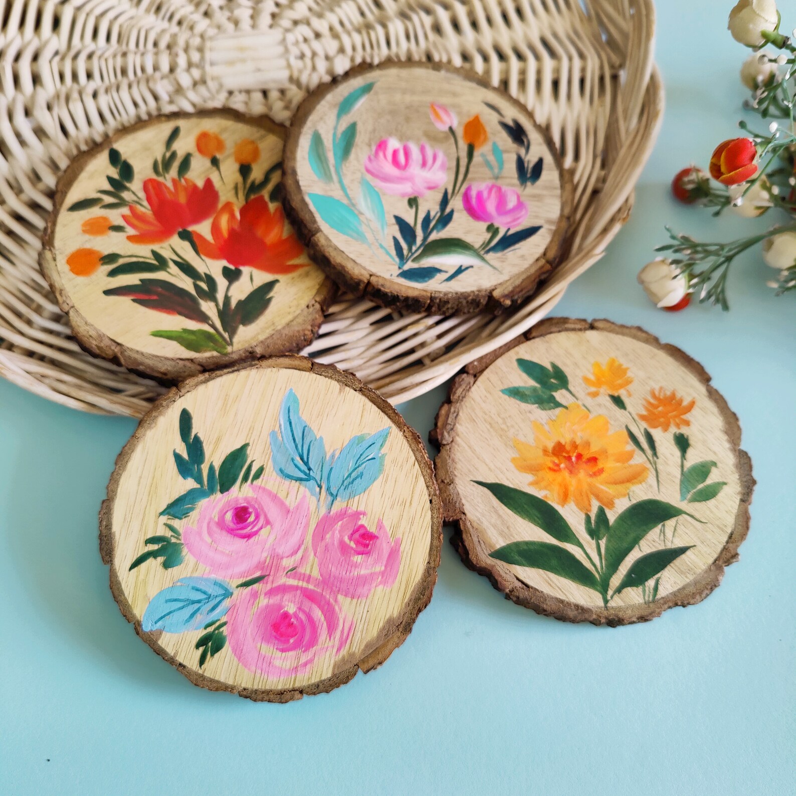 Set of 4 Floral Handpainted Bark Coasters Round Wooden - Etsy