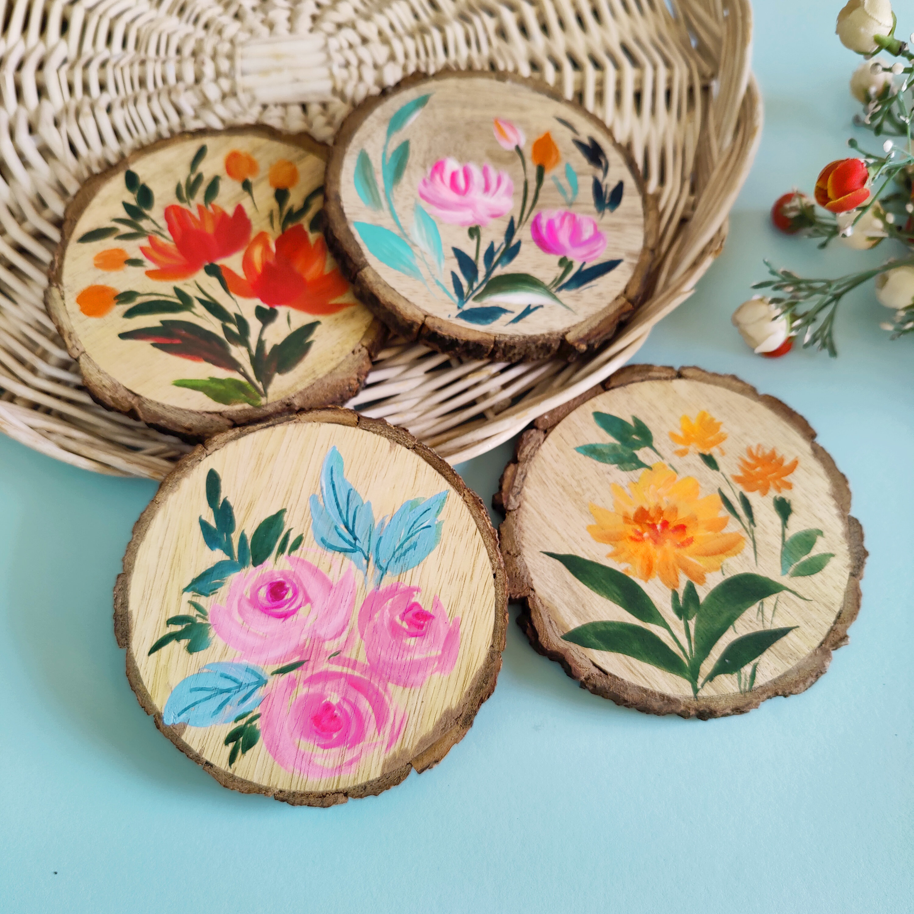 Set of 4 Floral Handpainted Bark Coasters Round Wooden Coaster ...