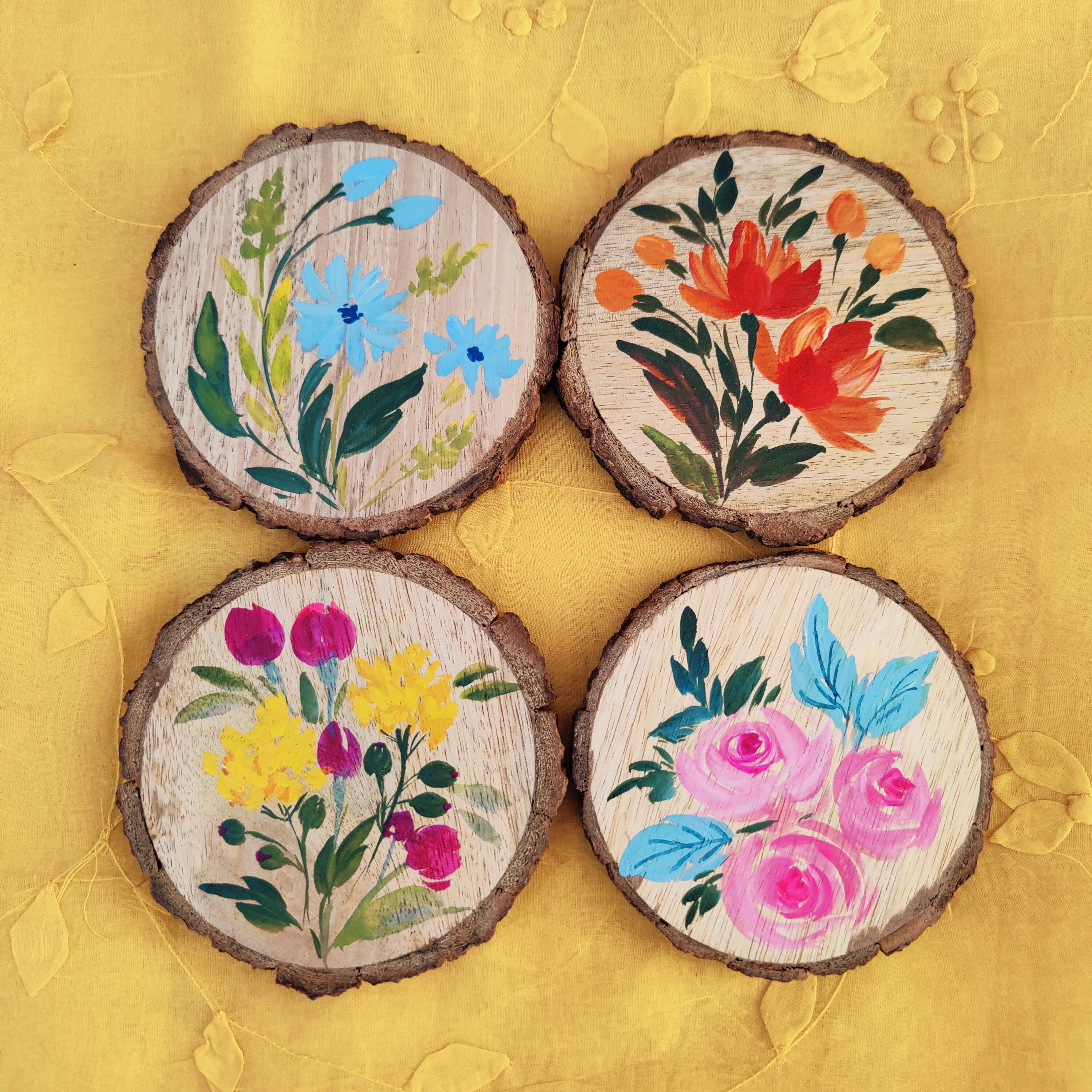 Set of 4 Floral Handpainted Bark Coasters Round Wooden Coaster ...