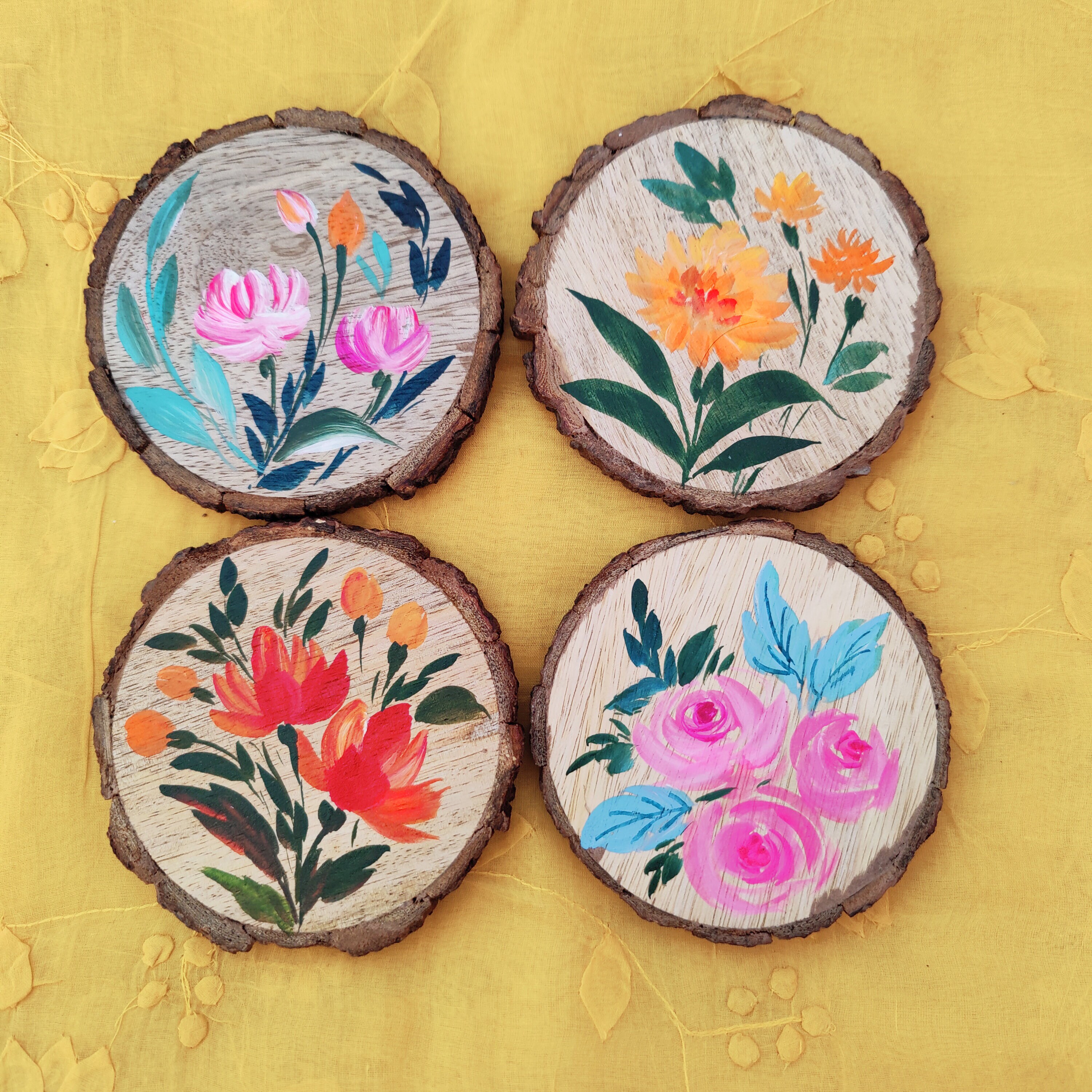 Set of 4 Floral Handpainted Bark Coasters Round Wooden Coaster ...