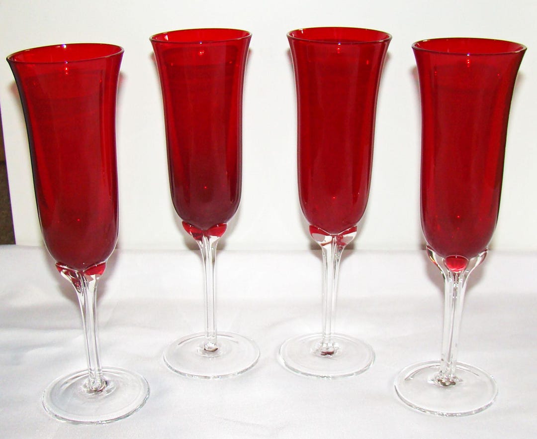 4x Ruby Red French Style Crystal Stemware, 4-prong Clear Stem, 6 Oz ...