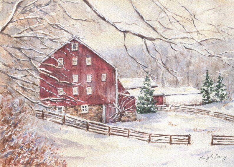 First Snow, Red Barn Notecards, Winter Snow Scene, Thank You Notes ...