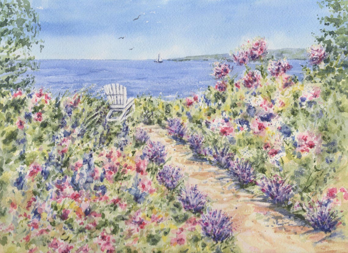Seaside Garden Path 2 Watercolor Painting Landscape, Framed Beach Path ...