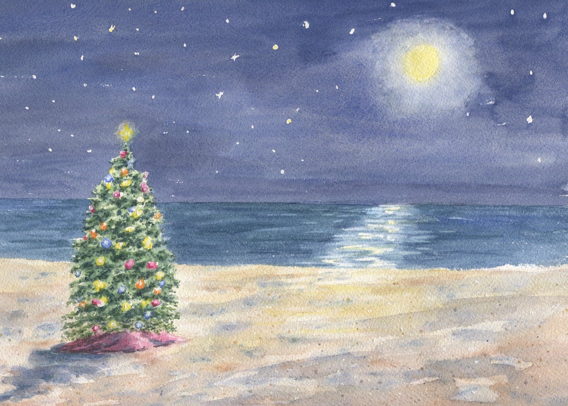 A Beach Christmas Watercolor, Christmas Beach Painting, Coastal ...