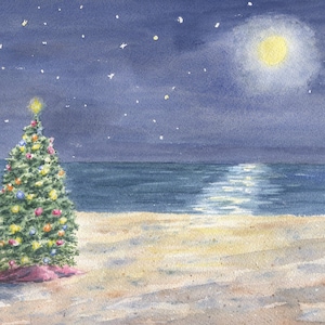 A Beach Christmas Watercolor, Christmas Beach Painting, Coastal ...