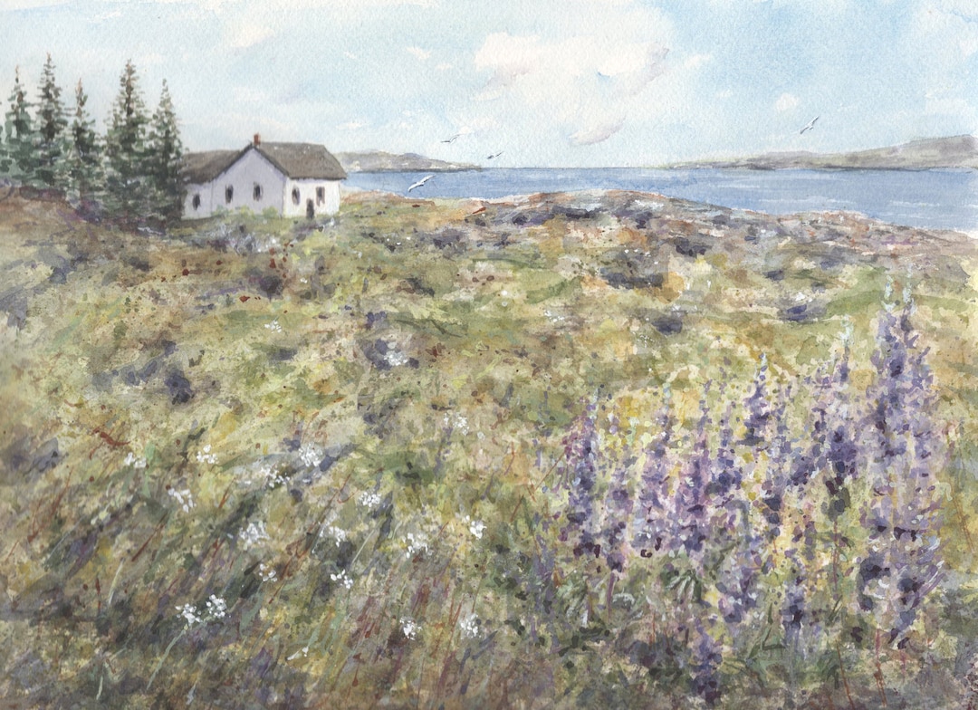 Maine House With Lupine and Queen Annes Lace Watercolor Print or ...