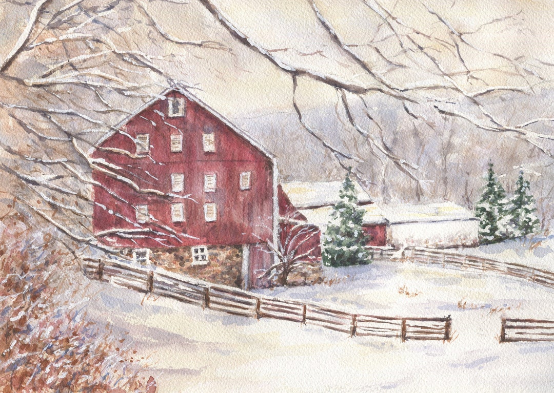 First Snow: Red Barn in Snow, Snow Scene Painting, Winter Landscape ...