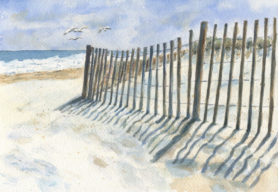 Beach Dune Fence, Watercolor Beach Art, Coastal Art Print, Beach Decor ...
