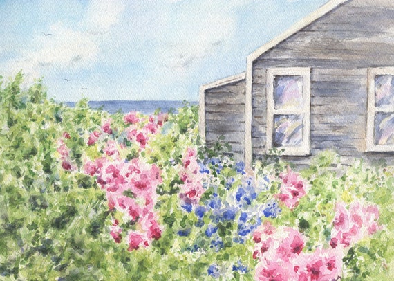 Summer Cottage: Coastal Cottage ArtNantucket watercolor | Etsy