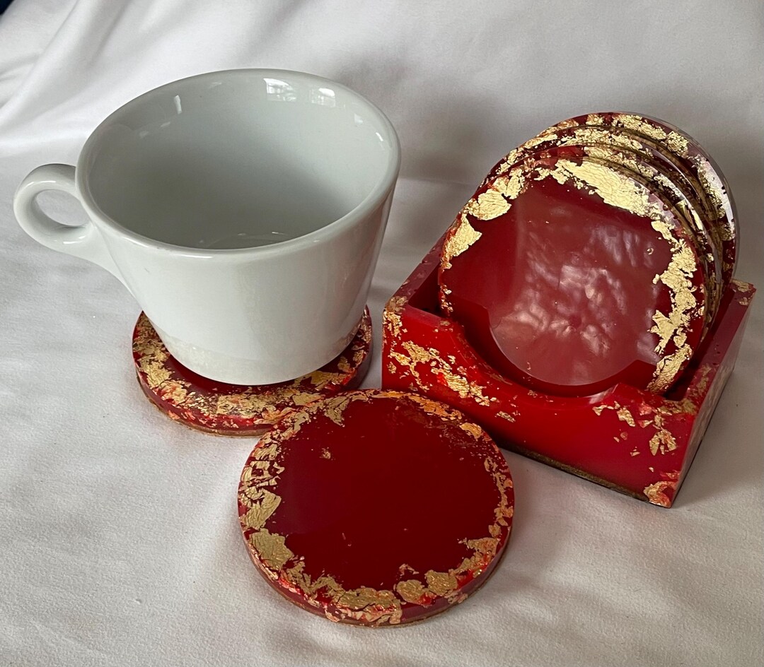 Red Resin Coaster Set With Gold Leaf Accents, Handmade Coasters ...