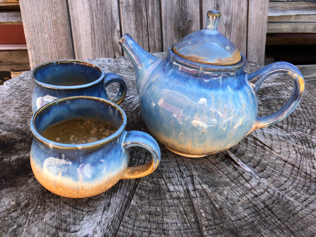 Stoneware Tea Pot and 2 Potbelly Mugs Set, Earthy 'dessert Oasis' Glaze ...