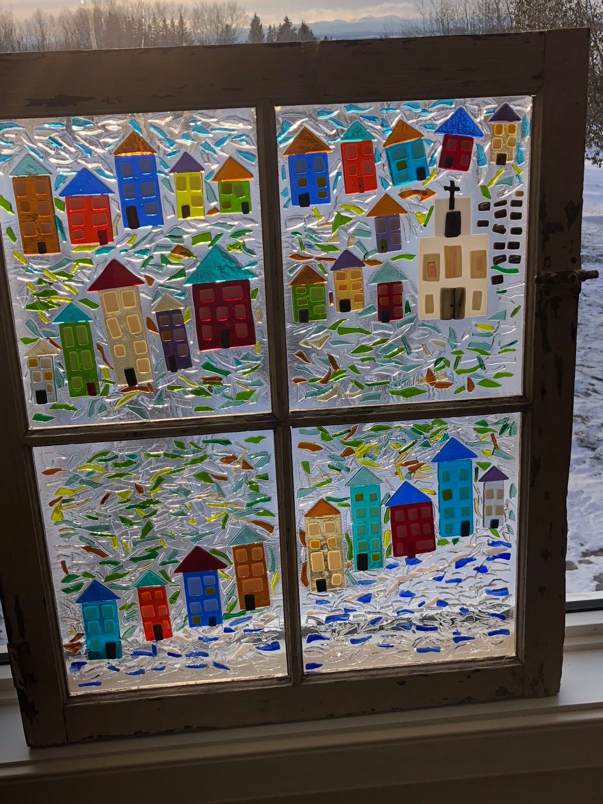 Vintage Farm House Off-white Window Frame W- Fused Glass Inserts | 4 ...