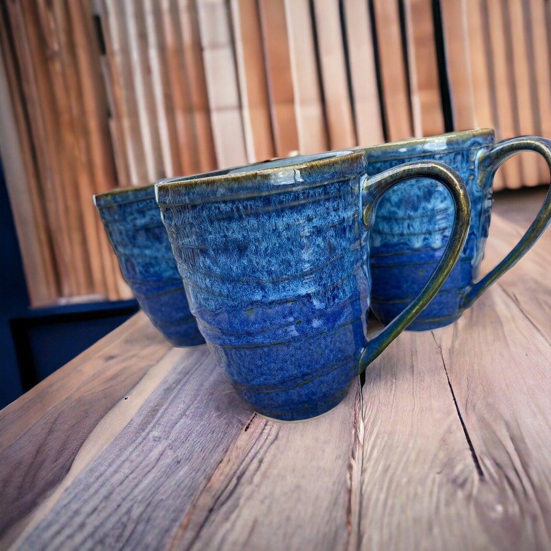 Wavy Stoneware Mugs, 'rushing River' Glaze Design, Stoneware Mug, Large ...