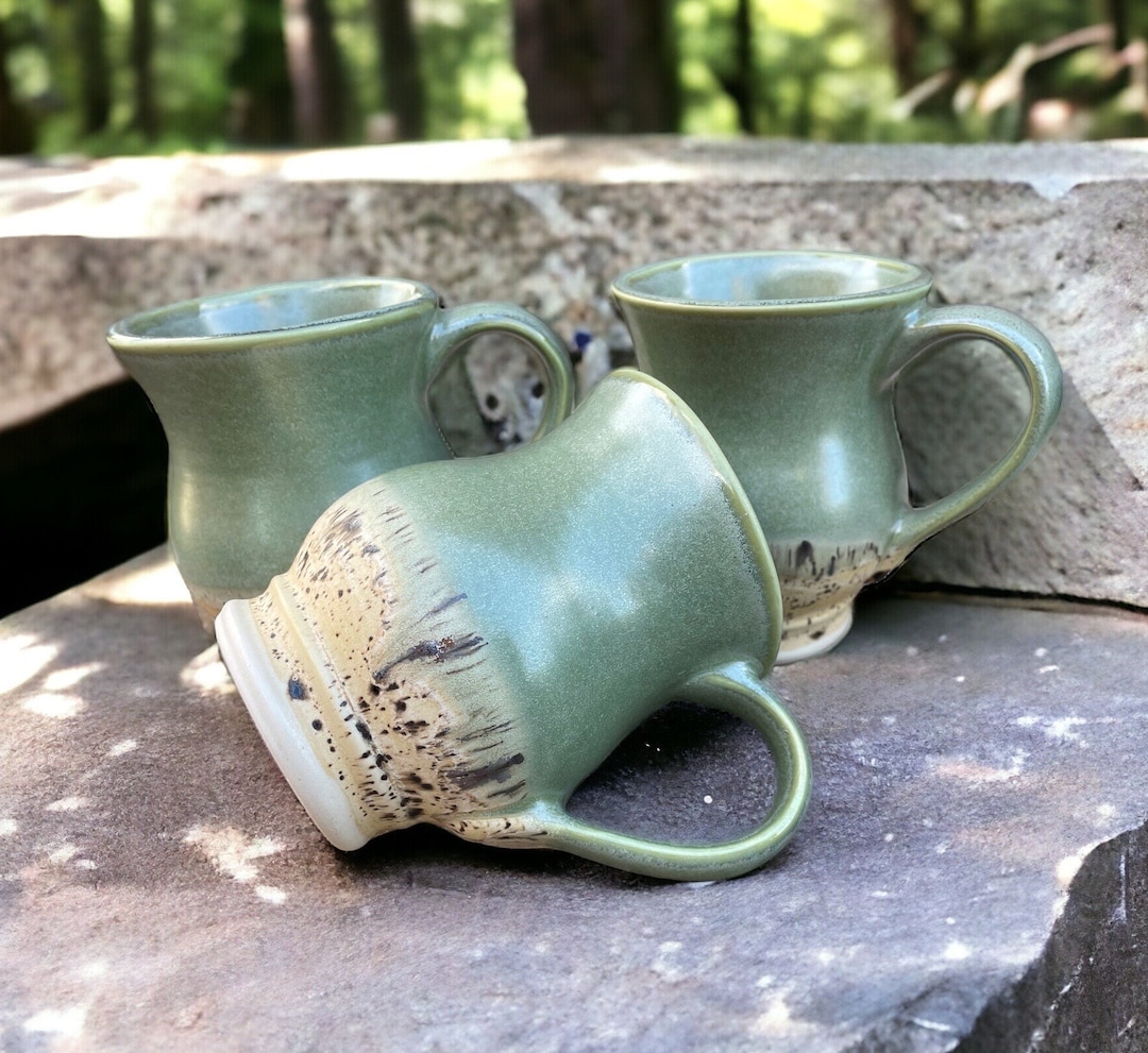 Stoneware Curvy Mug, Soft Green Country Roads Glaze Design, Pottery Mug ...