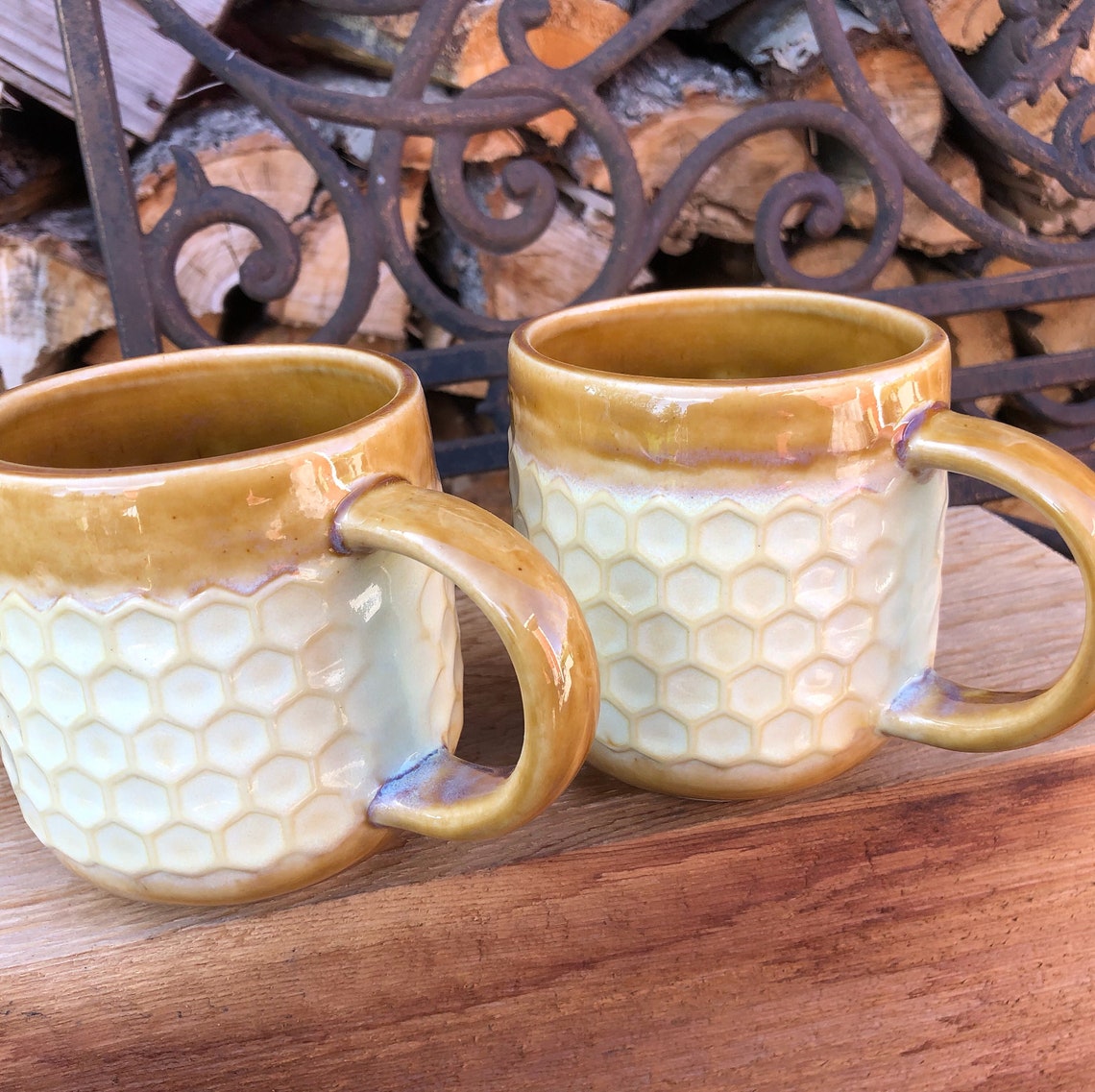 Honeycomb Mugs 16oz. Amber and Yellow Stoneware Large | Etsy