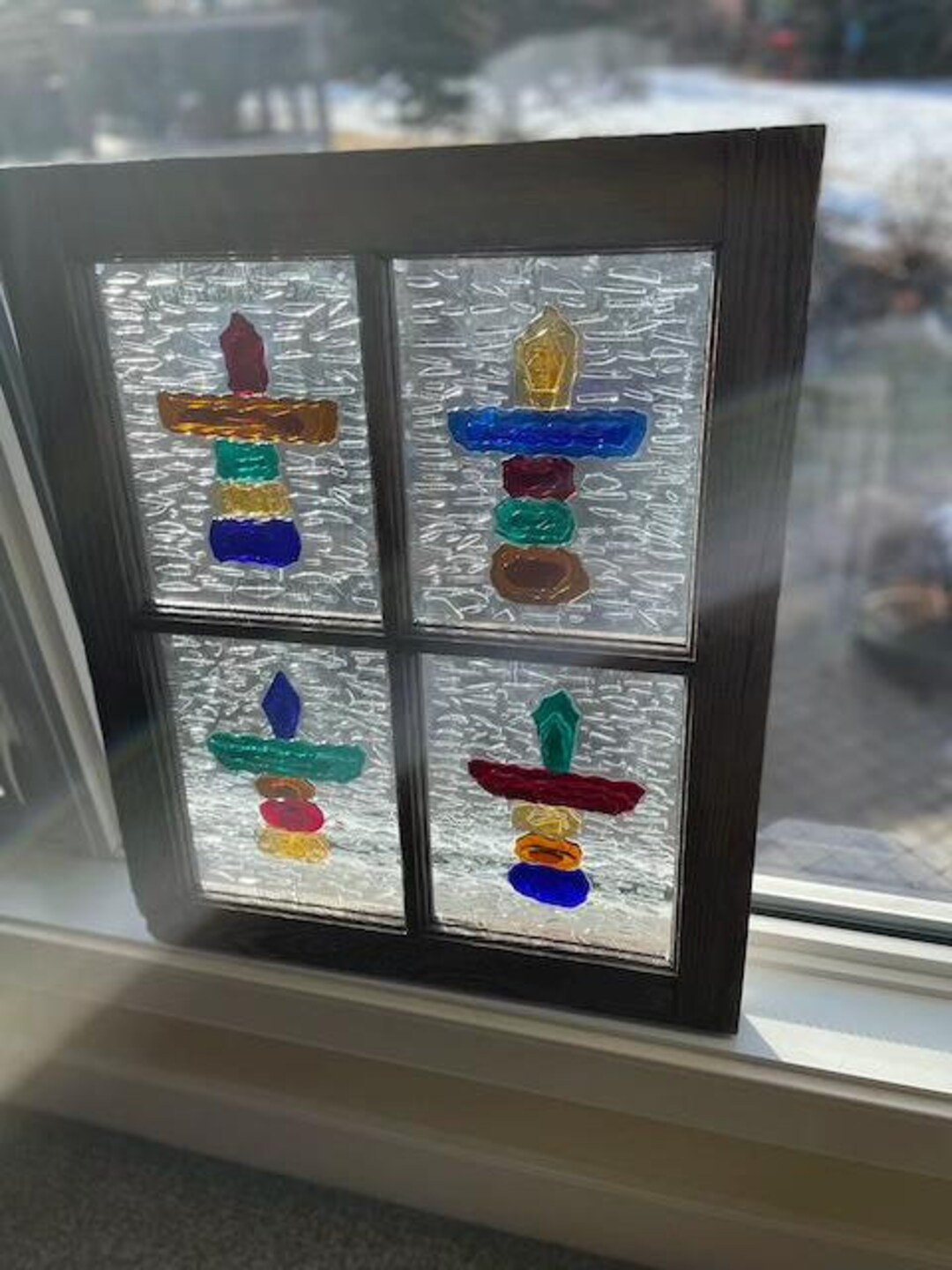Vintage Farmhouse Window Frame, Fused Glass Inukshuk Window Art, Great ...