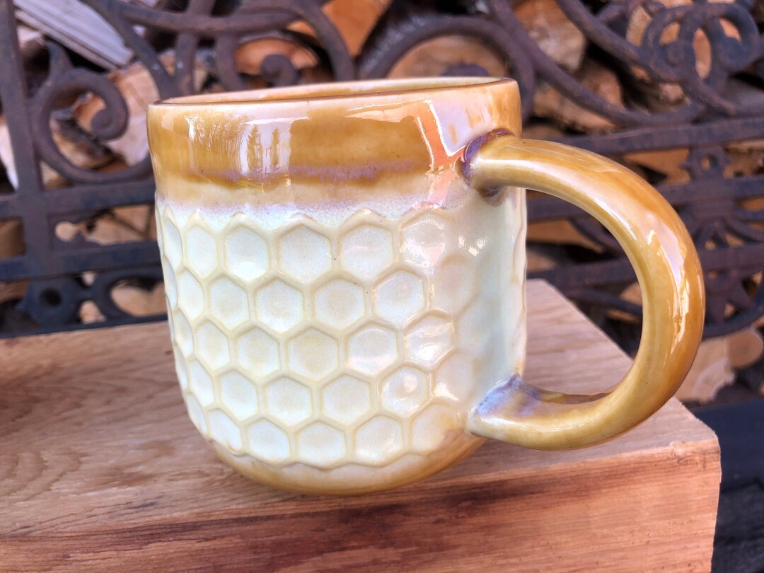 Honeycomb Mugs 16oz. | Amber and Yellow | Stoneware | Large Handle | A ...