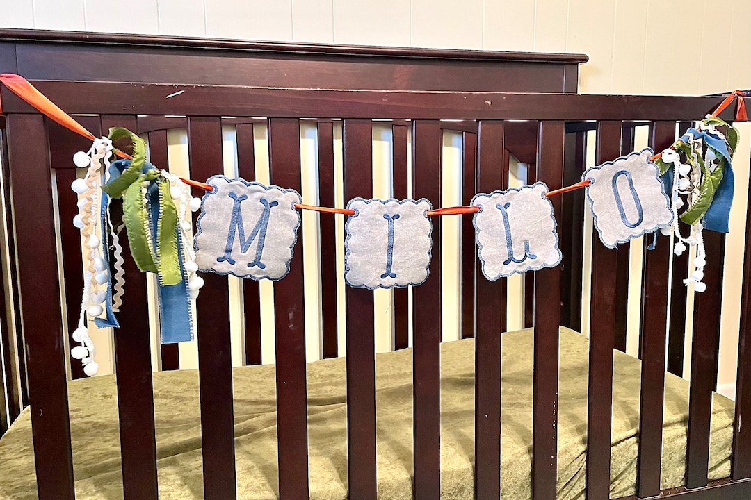 Baby Boy Crib Embroidered Banner - Embroidered Name Banner - Baby ...