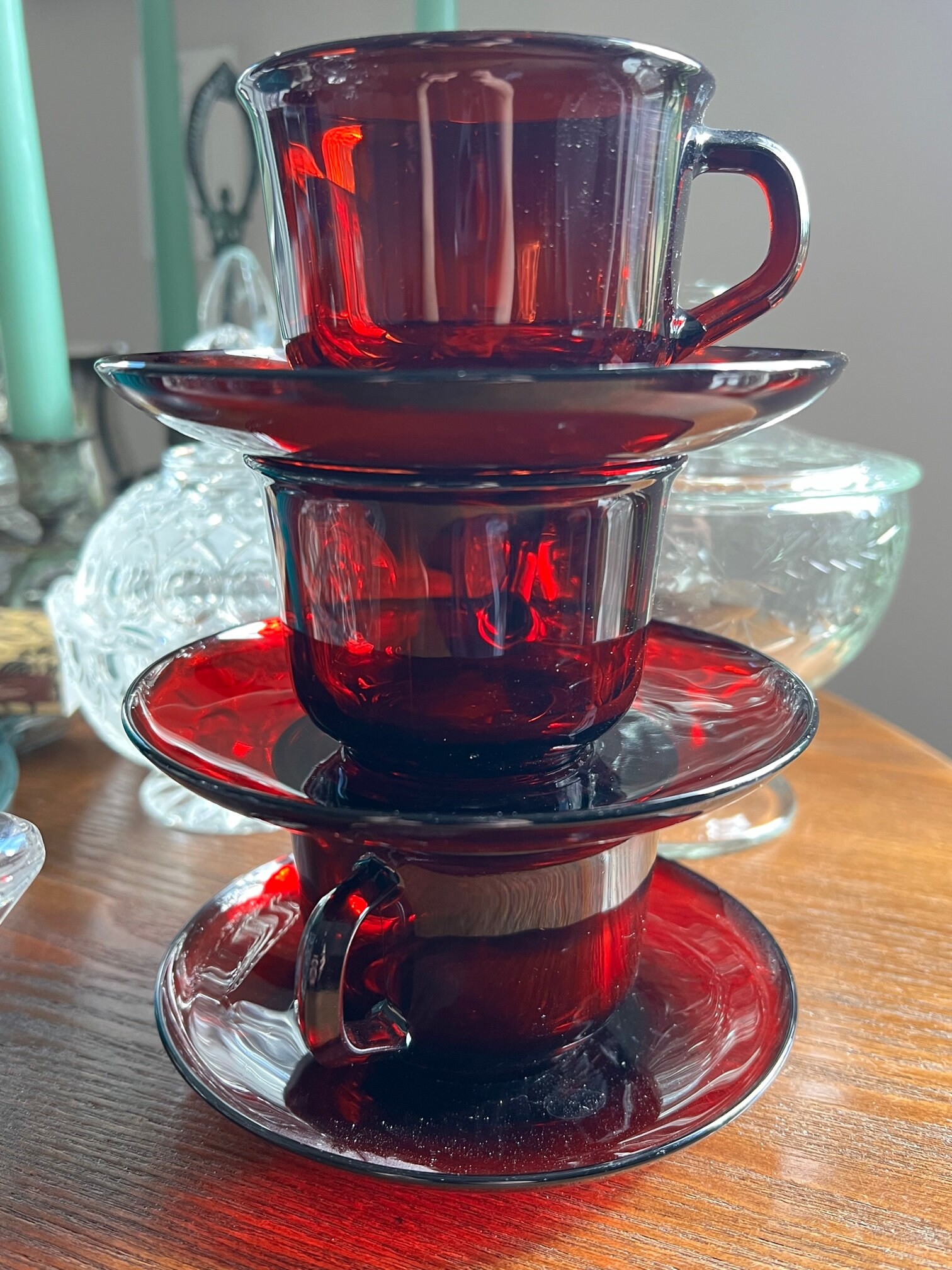 Vintage French Arcoroc Ruby Red Glass Teacups and Saucers - Holiday ...