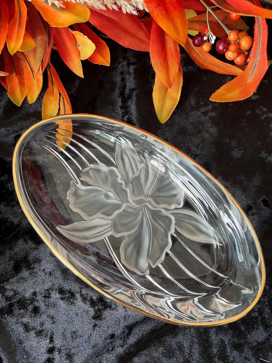 Vintage Oval Mikasa Iris Dish, Etched and Frosted Glass With Gold ...