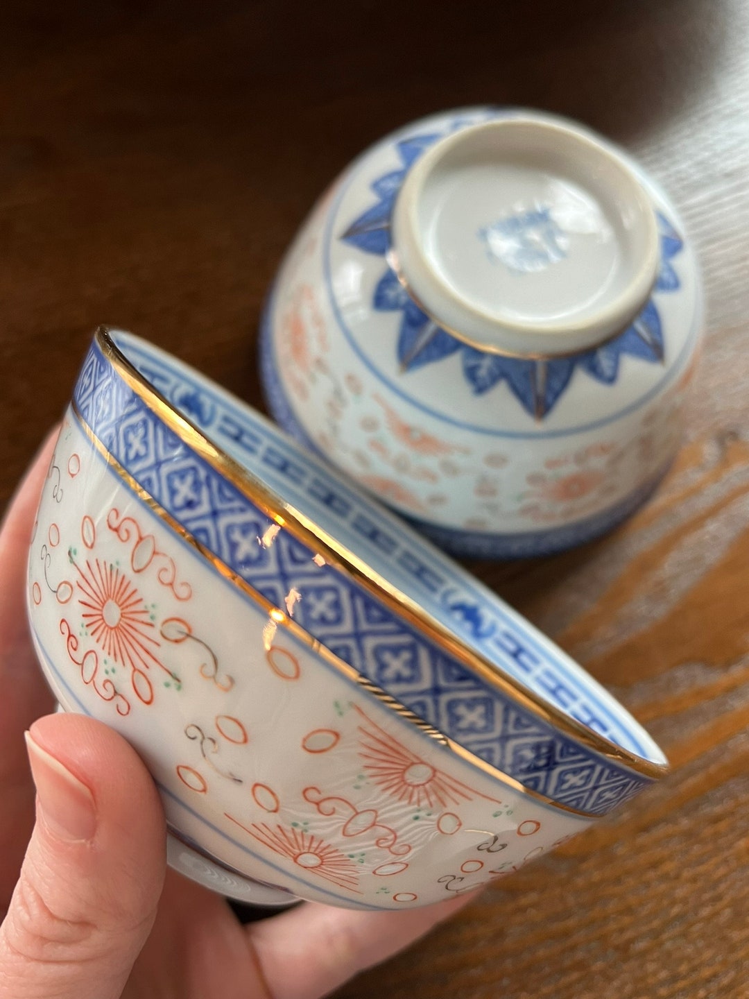 2 Vintage Chinese Rice Bowls - Porcelain, Blue, White, Orange & Gold ...
