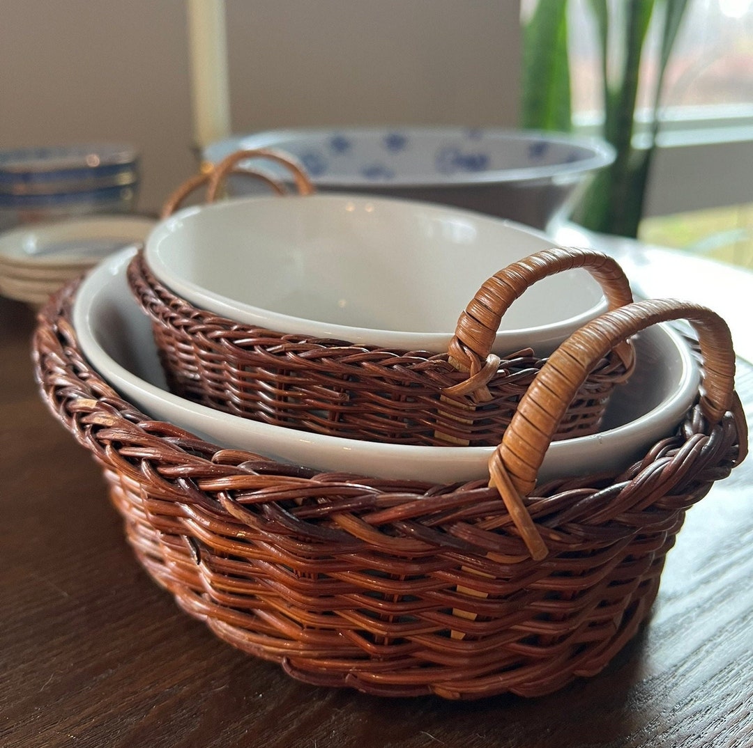 4 Pc Vintage Wicker Basket and Ceramic Casserole Set Cottagecore, Home ...